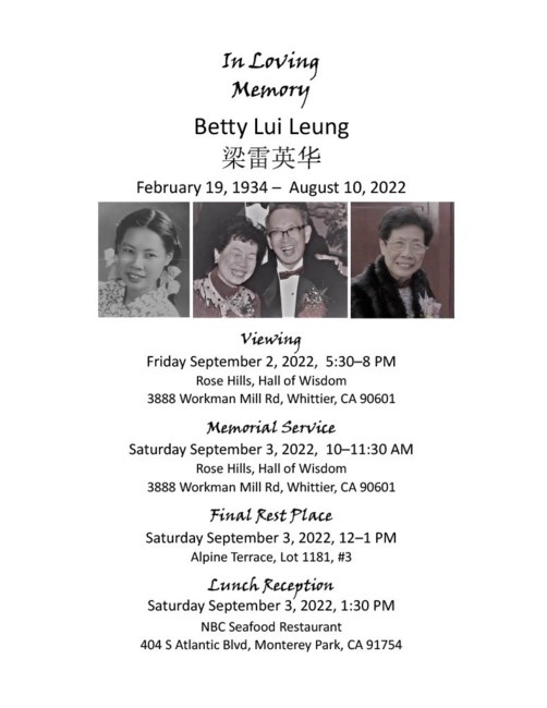 Betty Leung Obituary - Whittier, CA